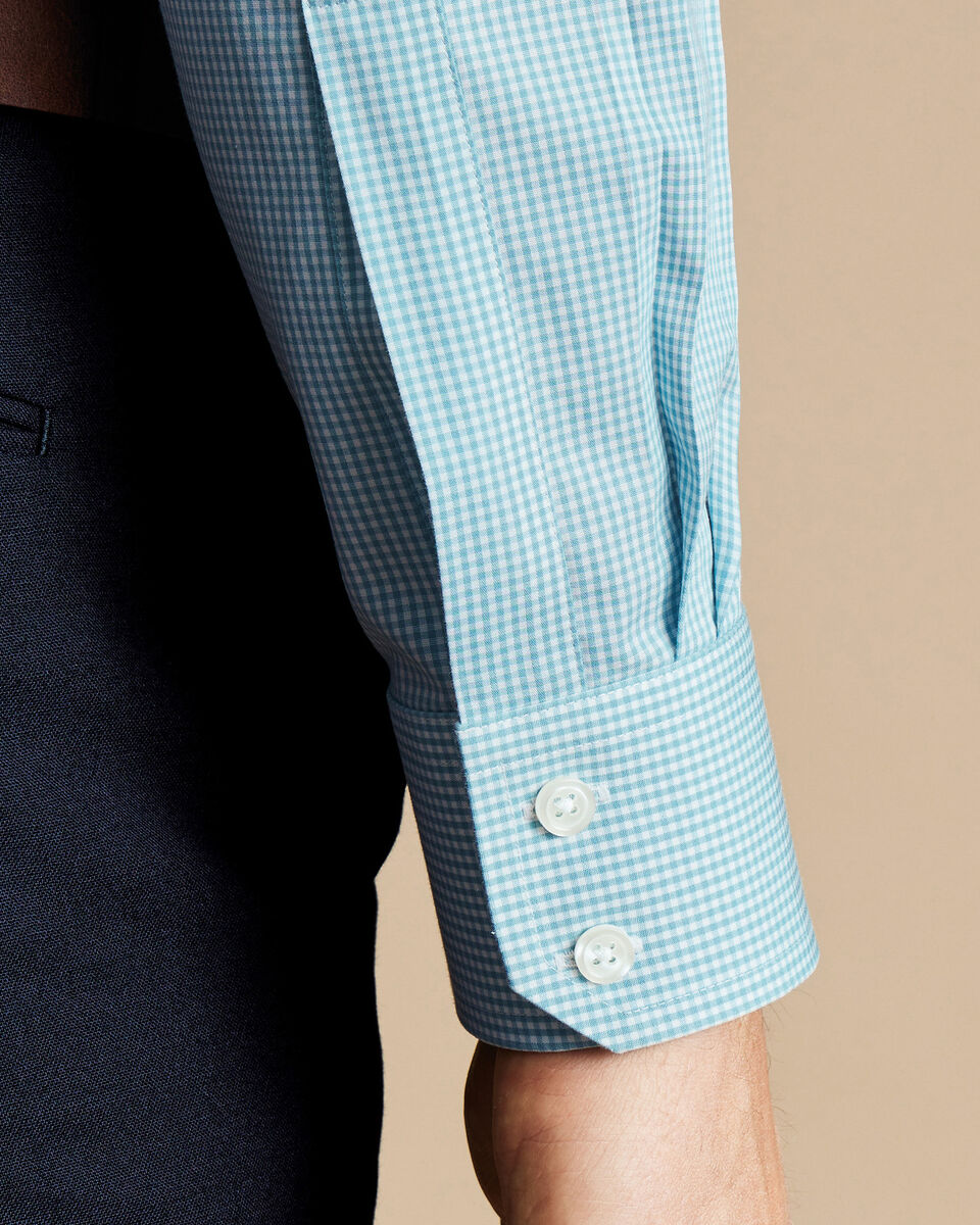 Cutaway Collar Non-Iron Mini Gingham Poplin Check Shirt - Aqua Green ...