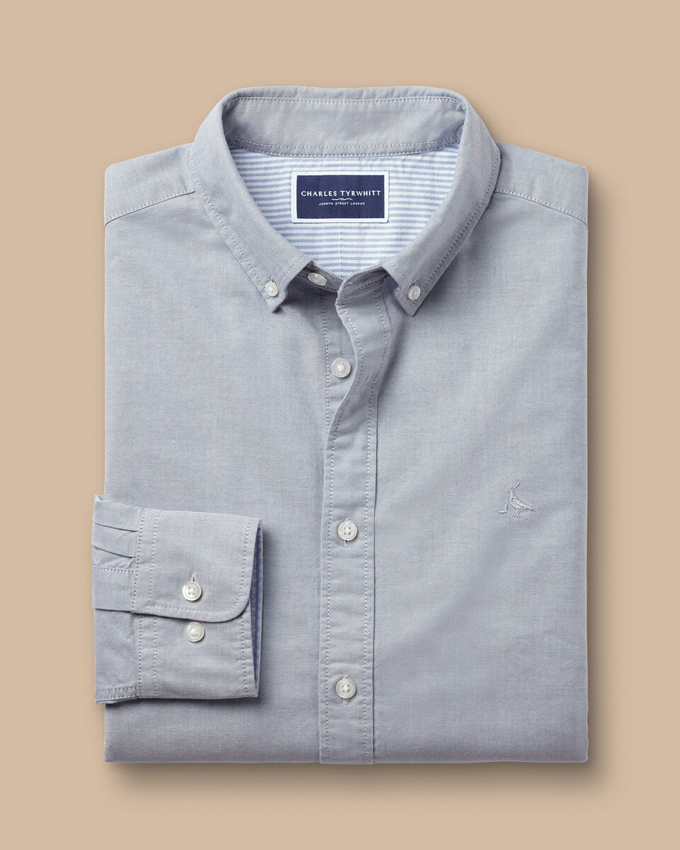 Button-Down Collar Stretch Washed Oxford Shirt - Light Grey | Charles ...