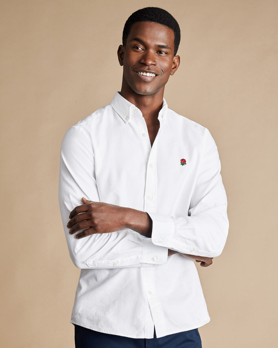 England Rugby Washed Oxford Shirt with Red Rose - White | Charles Tyrwhitt