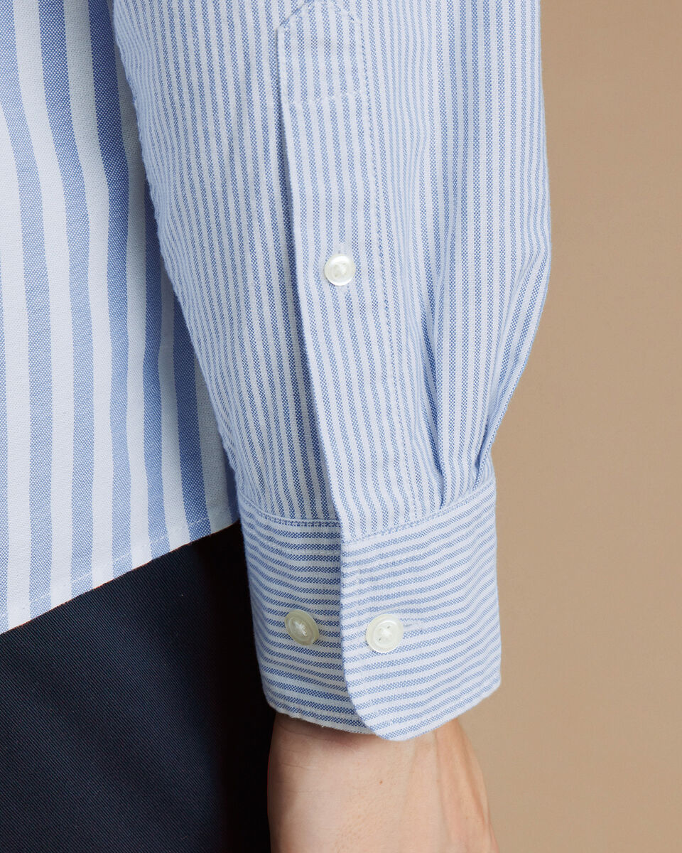 Button-Down Collar Stretch Washed Oxford Stripe Patchwork Shirt - Ocean ...