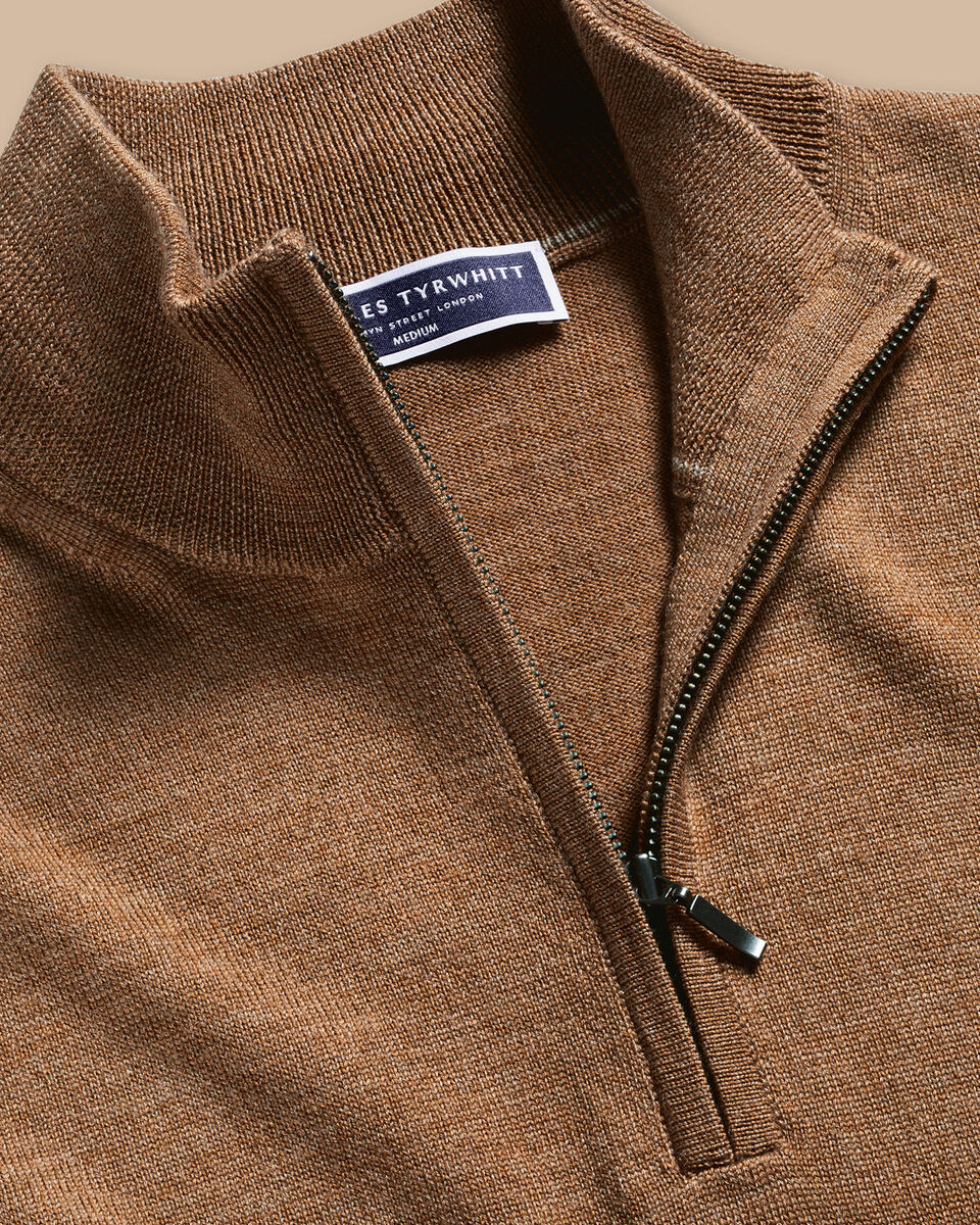Merino Zip Neck Jumper - Sand | Charles Tyrwhitt