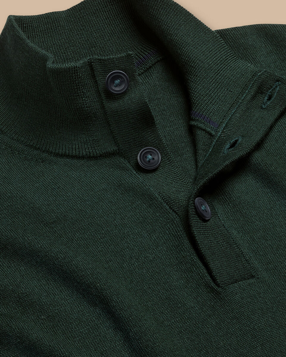 Merino Button Neck Sweater - Forest Green | Charles Tyrwhitt