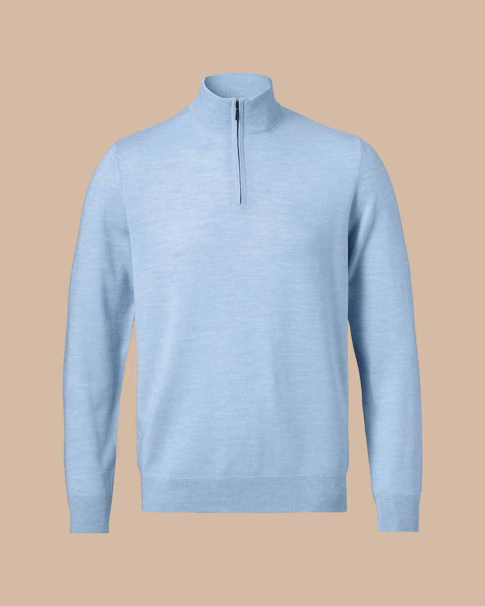 Merino Zip Neck Jumper - Sky Blue | Charles Tyrwhitt