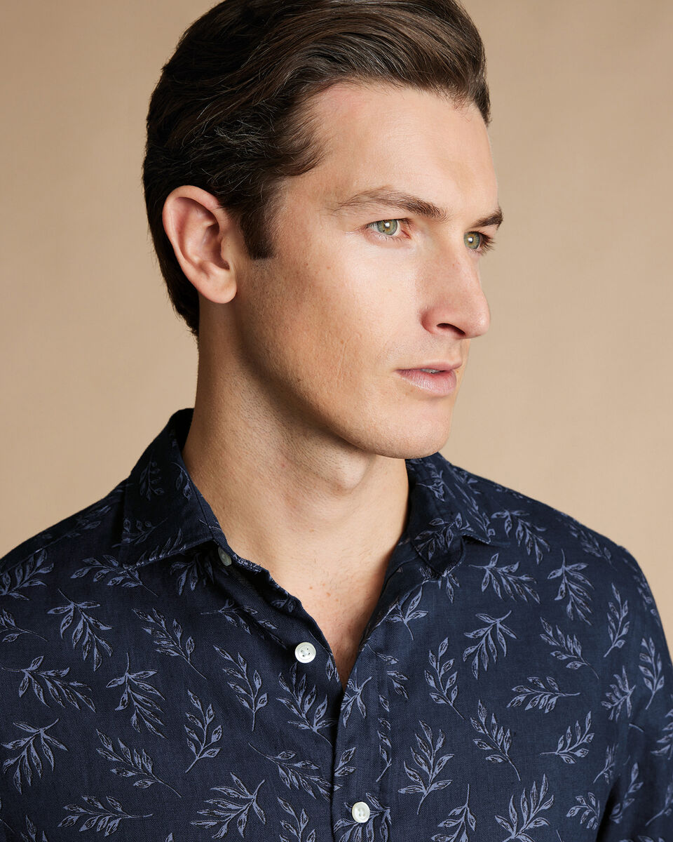 Pure Linen Leaf Print Short Sleeve Shirt - Indigo Blue | Charles Tyrwhitt