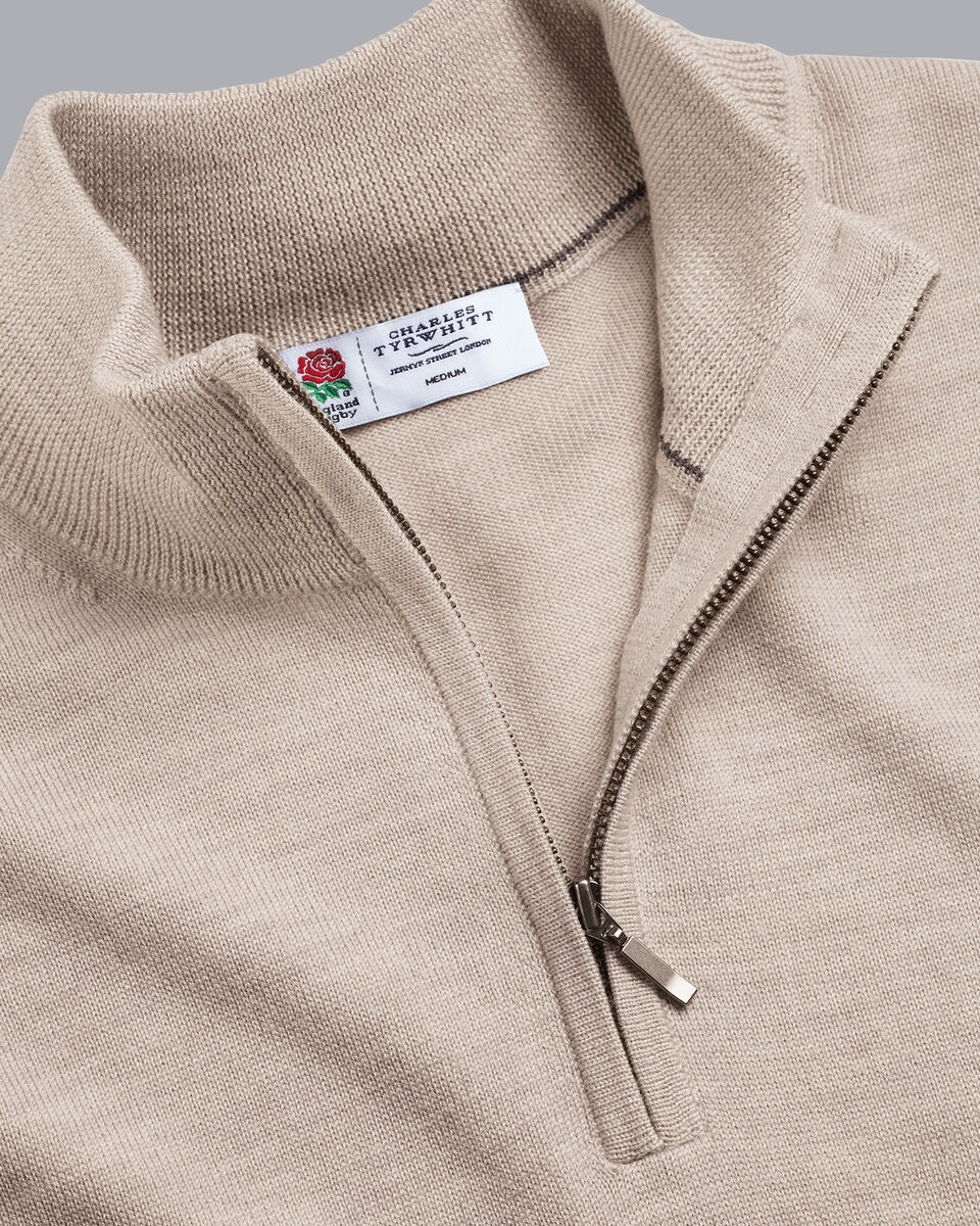 England Rugby Merino Zip Neck Jumper - Limestone | Charles Tyrwhitt