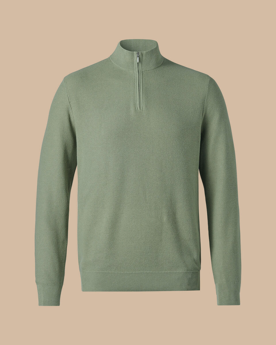 Honeycomb Cotton Zip Neck Jumper - Sage Green | Charles Tyrwhitt