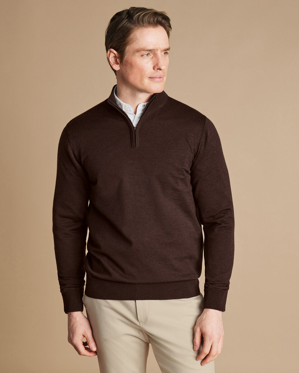 Merino Quarter Zip Sweater - Chocolate Brown | Charles Tyrwhitt