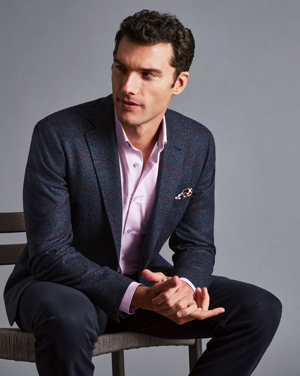 Italian Wool Windowpane Check Jacket - Denim Blue & Burgundy | Charles ...