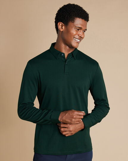 Long Sleeve Performance Jersey Polo - Dark Green | Charles Tyrwhitt