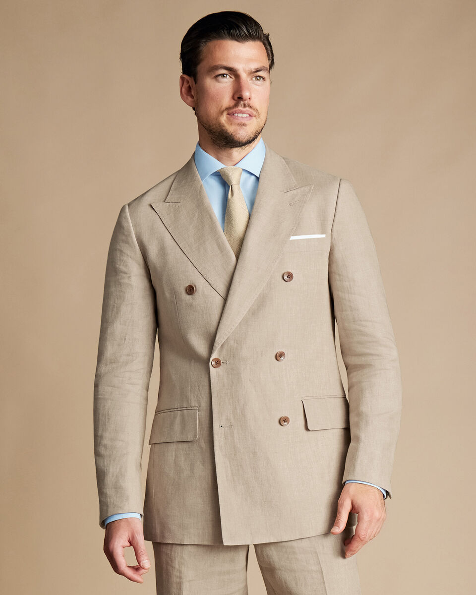 Double Breasted Linen Jacket - Taupe | Charles Tyrwhitt