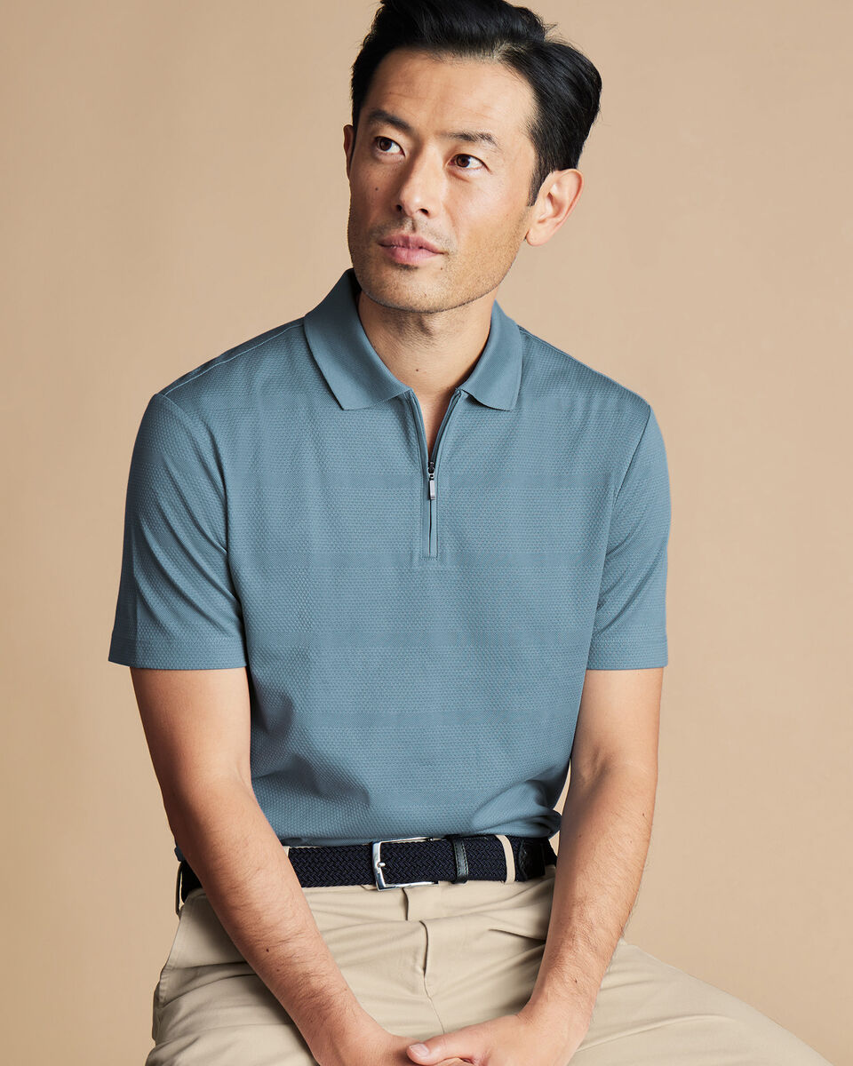 Performance Textured Zip-Neck Polo - Blue | Charles Tyrwhitt