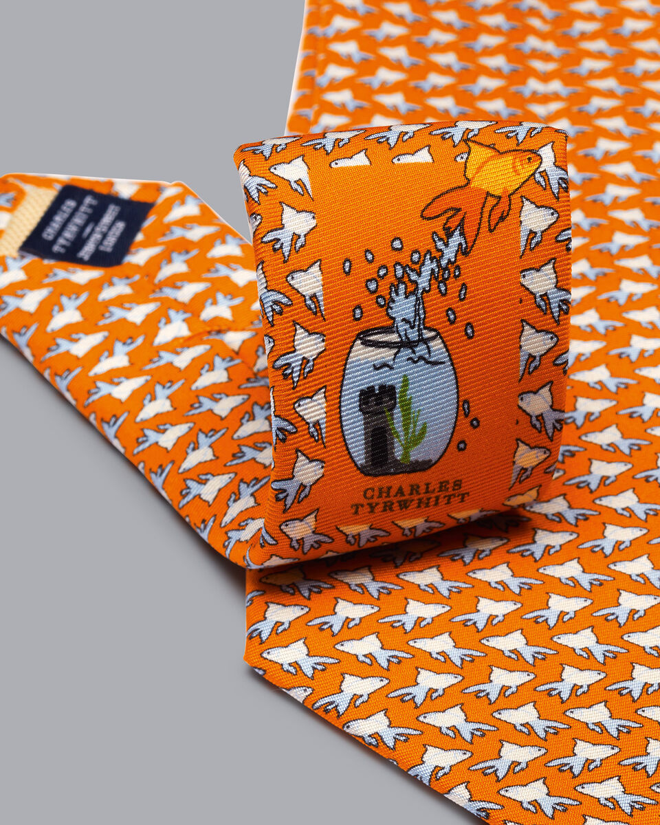 Fish Out of Water Motif Print Silk Tie - Orange | Charles Tyrwhitt