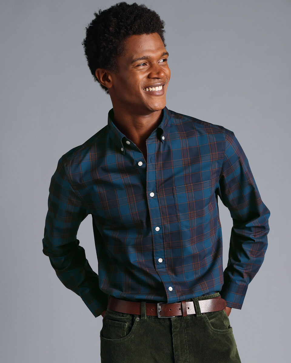 Button-Down Collar Non-Iron Stretch Poplin Tartan Check Shirt - Rust ...