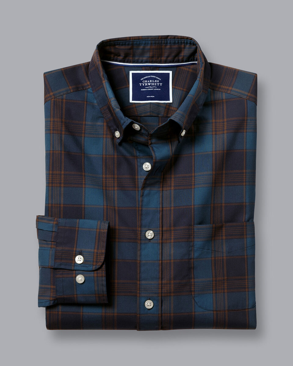 Button-Down Collar Non-Iron Stretch Poplin Tartan Check Shirt - Rust ...