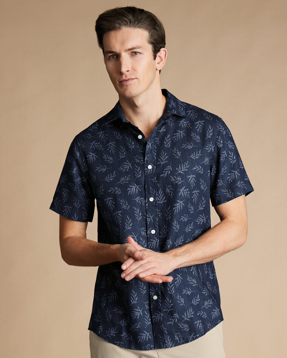 Pure Linen Leaf Print Short Sleeve Shirt - Indigo Blue | Charles Tyrwhitt