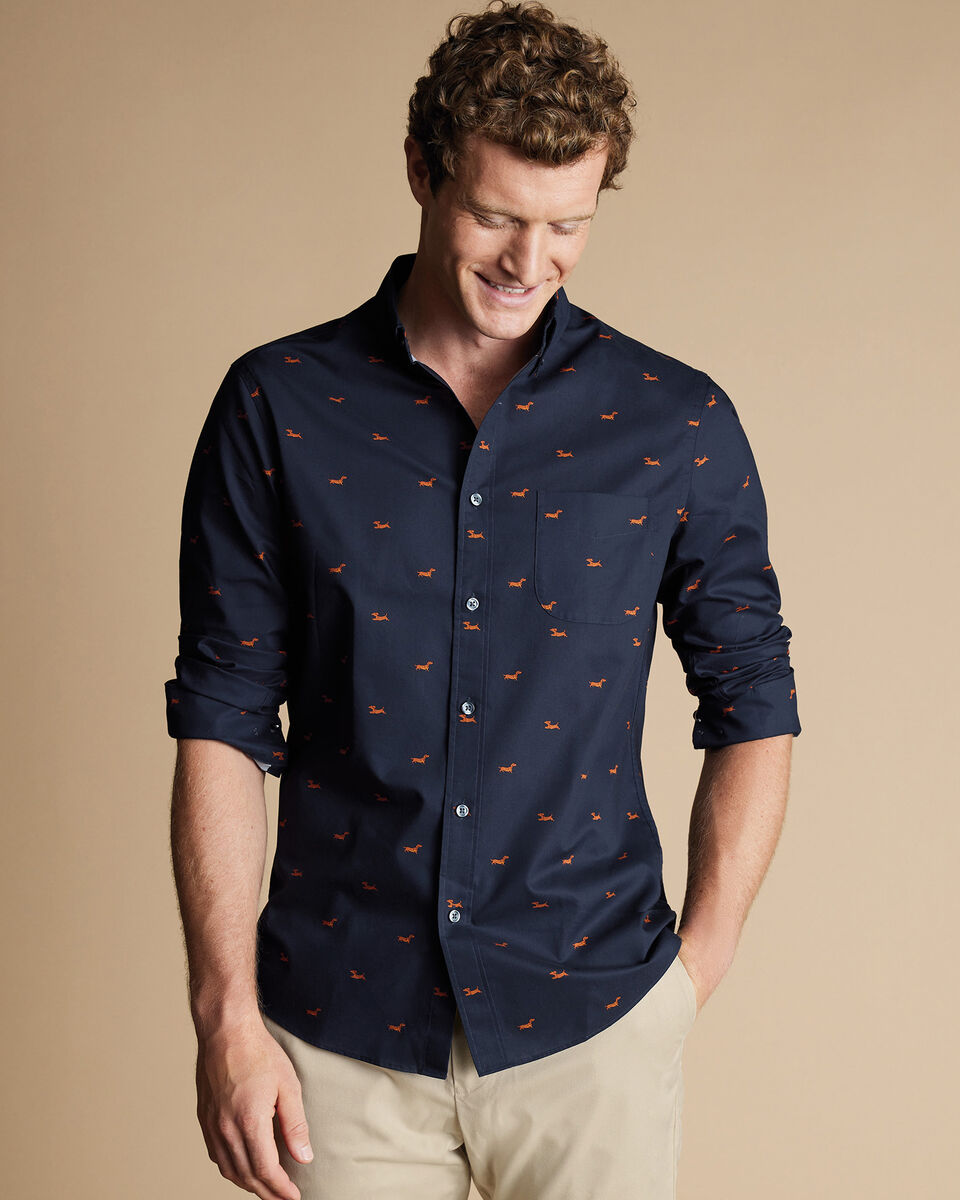 Chemise à motif chiens et col boutonné sans repassage - Bleu marine ...