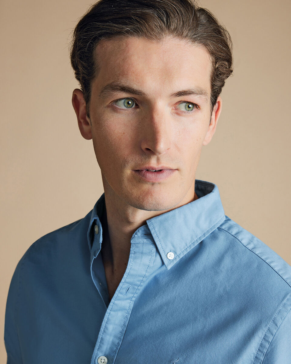 Button-Down Collar Stretch Washed Oxford Shirt - Mid Blue | Charles ...
