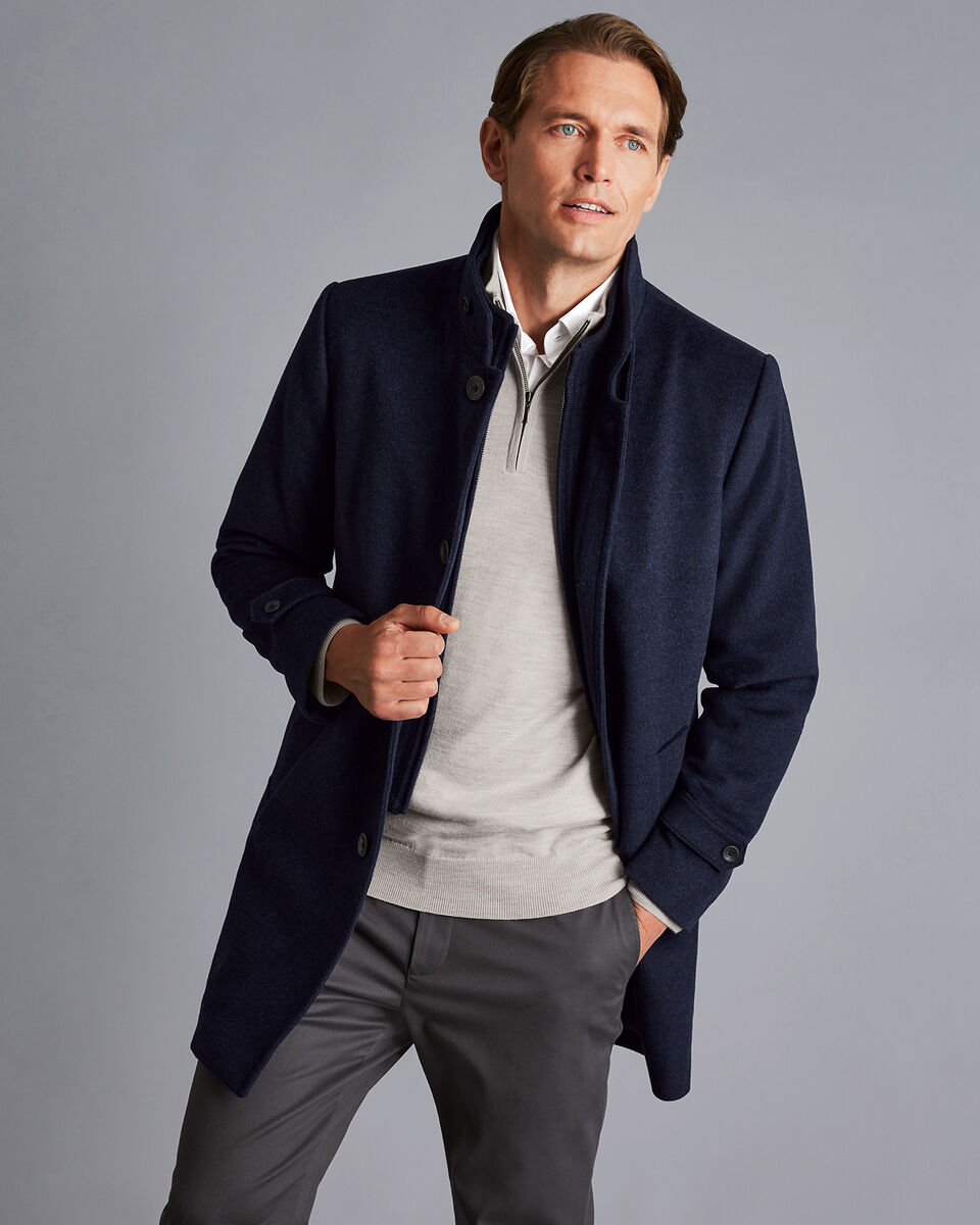 Funnel Neck Wool Overcoat - Ink Blue | Charles Tyrwhitt