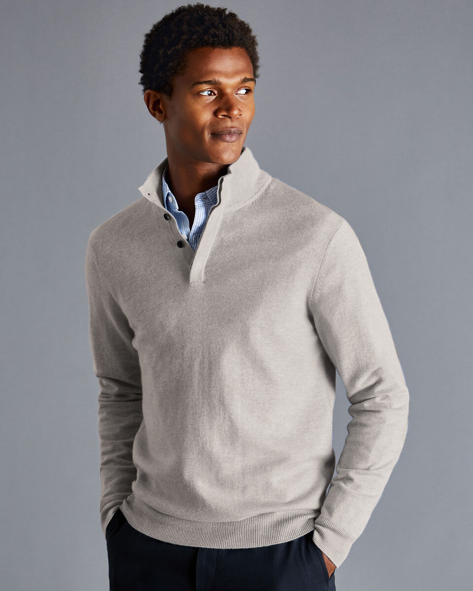 Merino Cashmere Button Neck Jumper - Silver | Charles Tyrwhitt