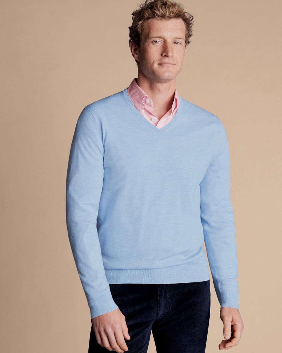 Merino V-Neck Sweater - Sky Blue | Charles Tyrwhitt