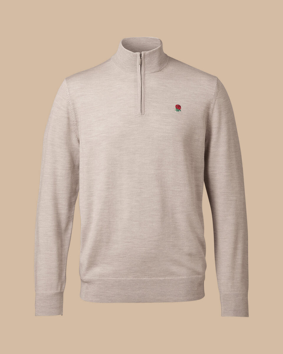 England Rugby Merino Zip Neck Jumper - Limestone | Charles Tyrwhitt