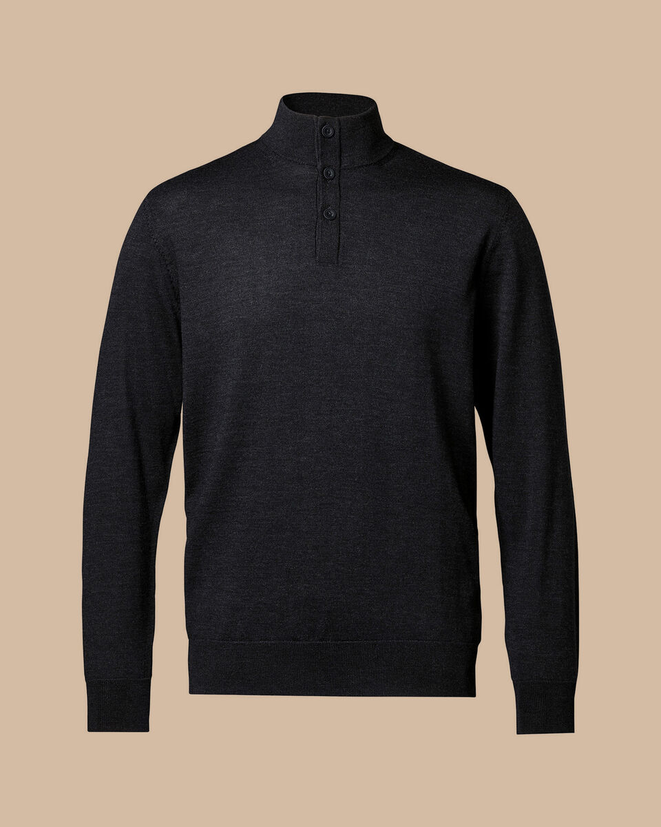 Merino Button Neck Sweater - Dark Charcoal | Charles Tyrwhitt