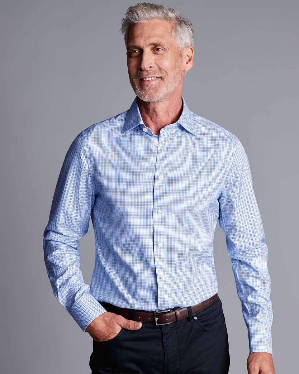 Semi-Cutaway Collar Egyptian Cotton Multi Check Shirt - Cornflower Blue ...