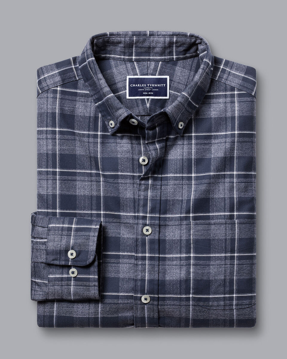 Button-Down Collar Non-Iron Twill Windowpane Shirt - Heather Blue ...