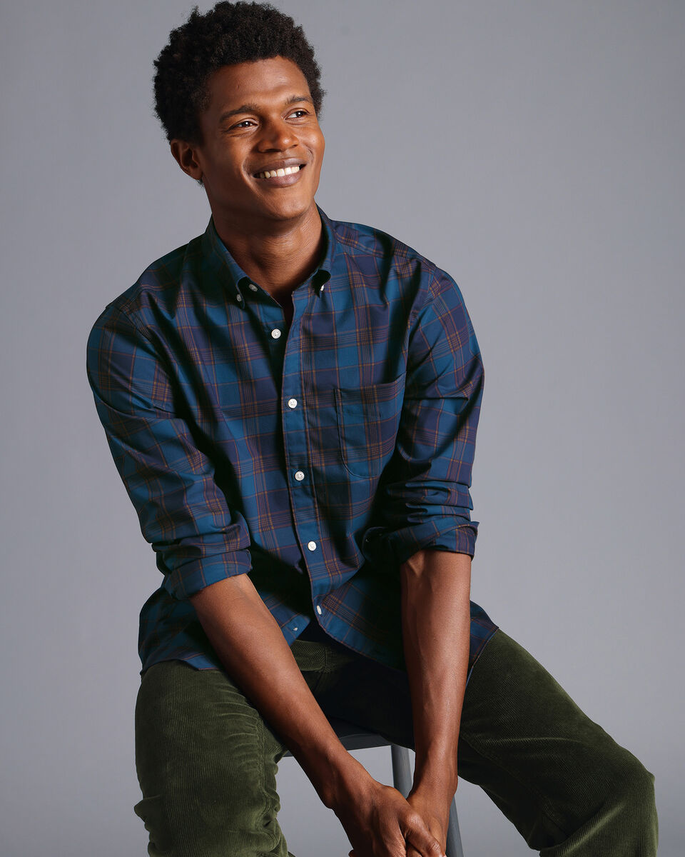 Button-Down Collar Non-Iron Stretch Poplin Tartan Check Shirt - Rust ...