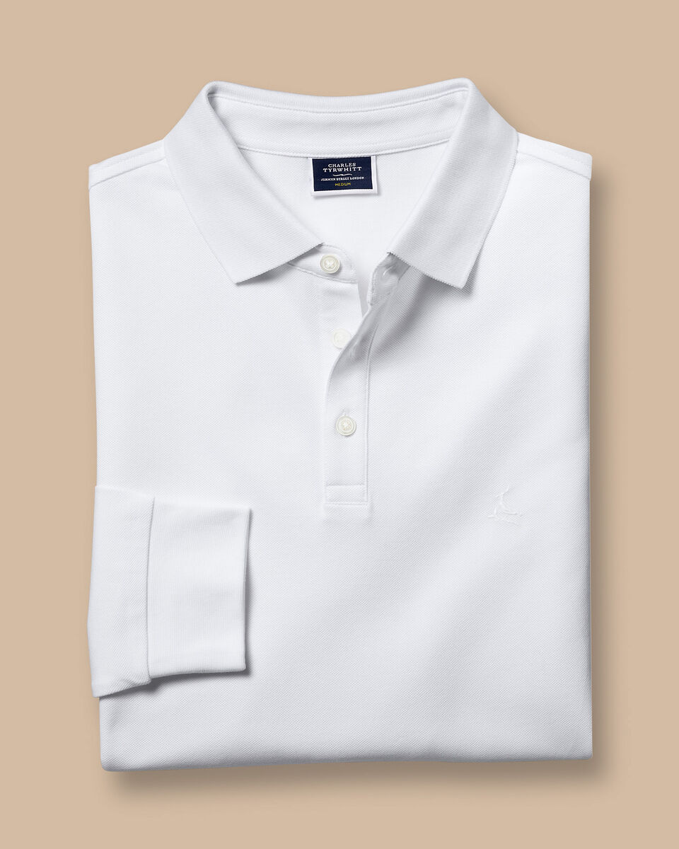 Long Sleeve Pique Polo - White | Charles Tyrwhitt