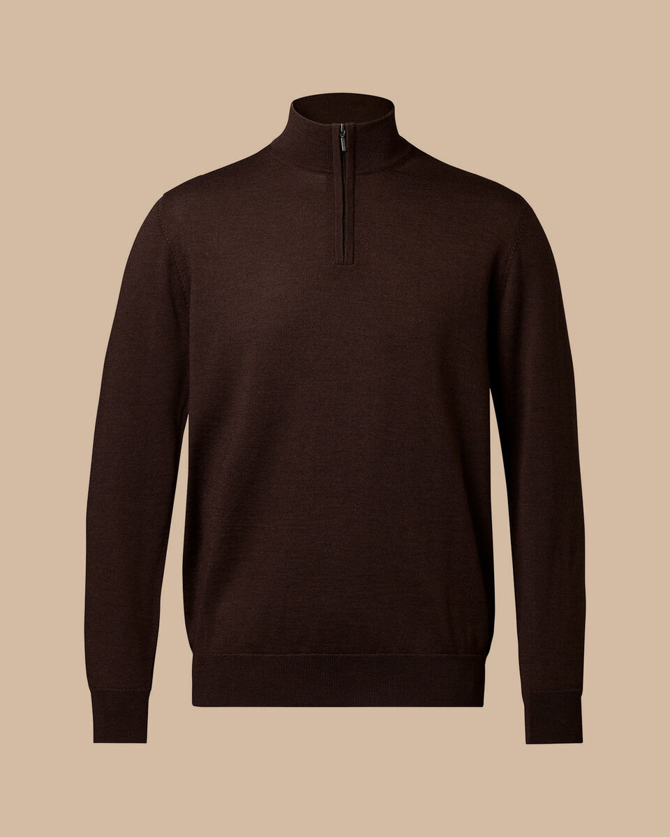 Merino Quarter Zip Sweater - Chocolate Brown | Charles Tyrwhitt