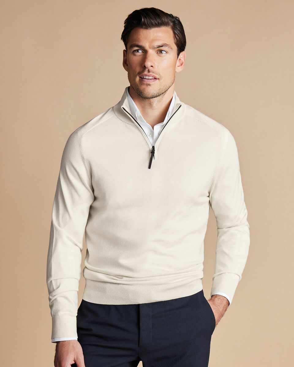 Performance Merino Quarter Zip Sweater - Ivory | Charles Tyrwhitt