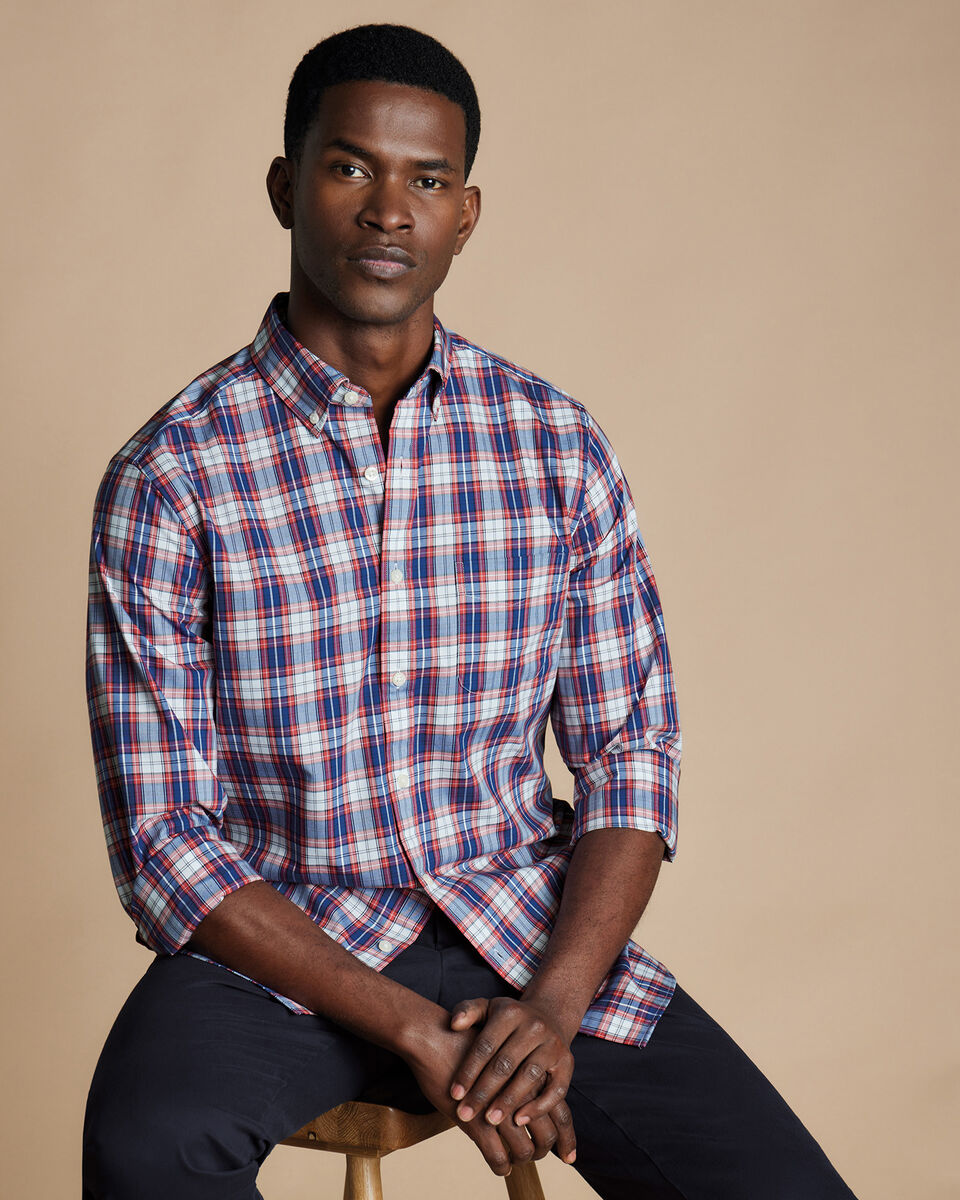 Button-Down Collar Non-Iron Stretch Poplin Large Check Shirt - Red ...