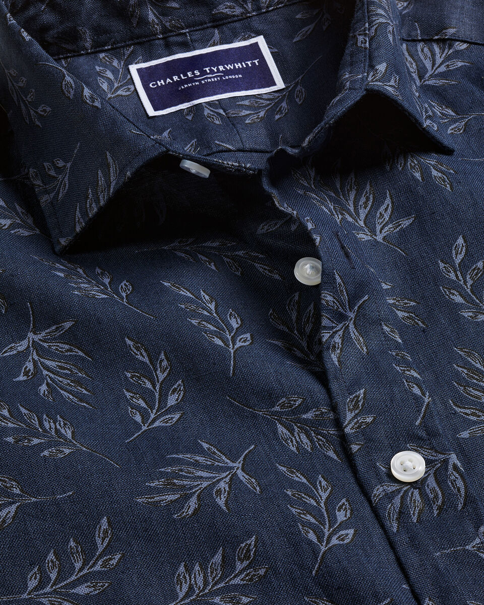 Pure Linen Leaf Print Short Sleeve Shirt - Indigo Blue | Charles Tyrwhitt