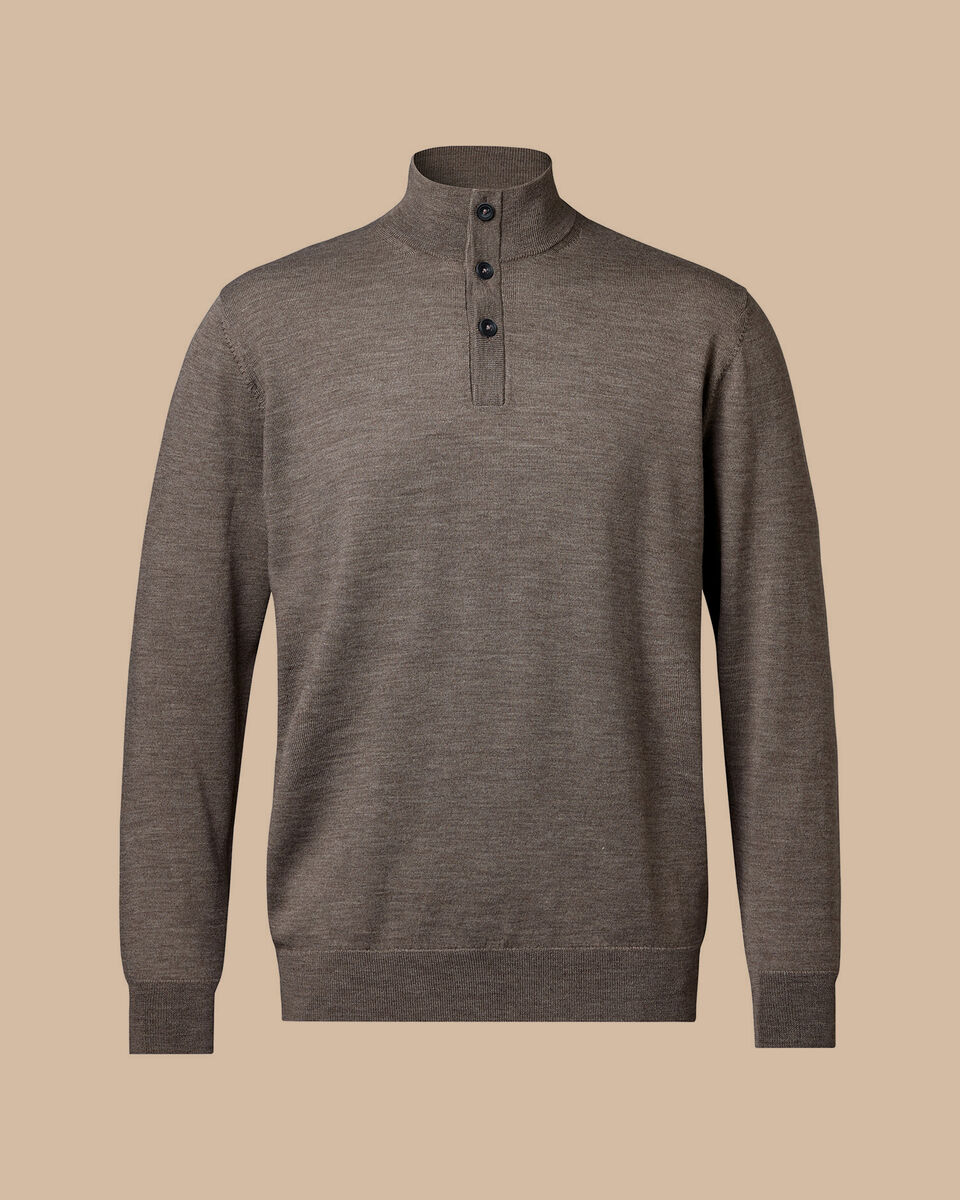 Merino Button Neck Jumper - Mocha | Charles Tyrwhitt