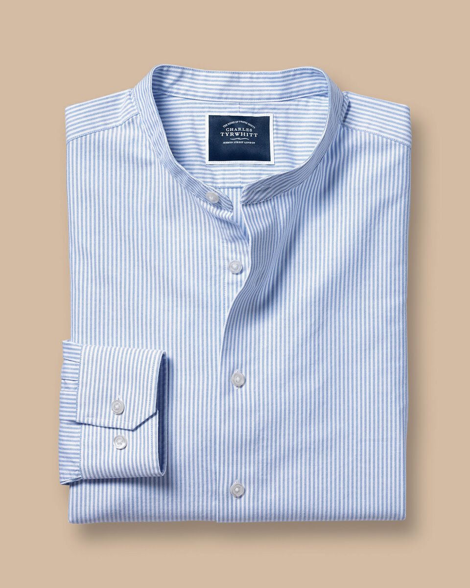 Collarless Stretch Washed Oxford Stripe Shirt - Ocean Blue | Charles ...