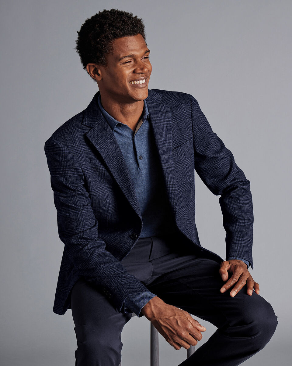 Prince of Wales Check Jersey Jacket - Denim Blue | Charles Tyrwhitt