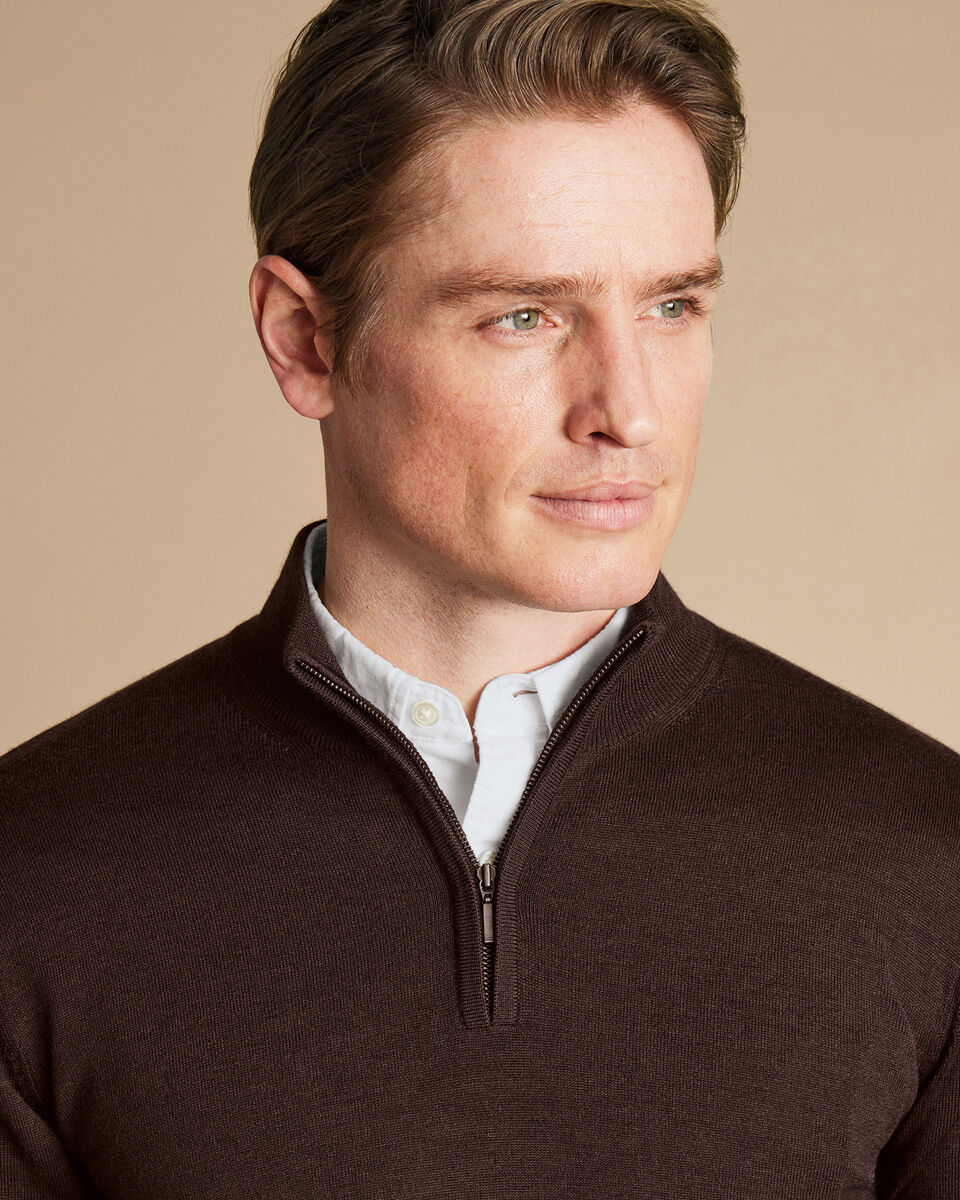 Merino Quarter Zip Sweater - Chocolate Brown | Charles Tyrwhitt