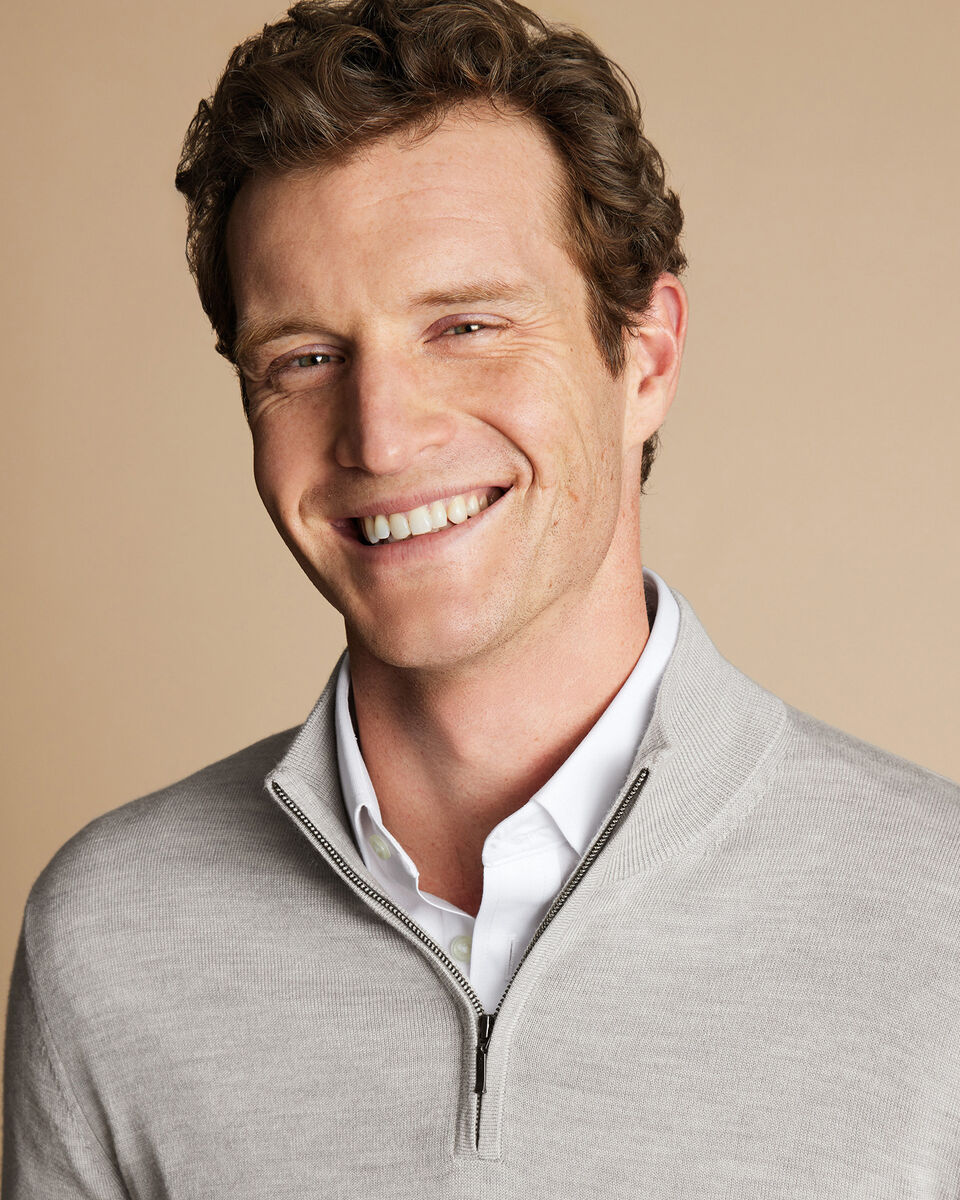 Merino Zip Neck Jumper - Silver | Charles Tyrwhitt