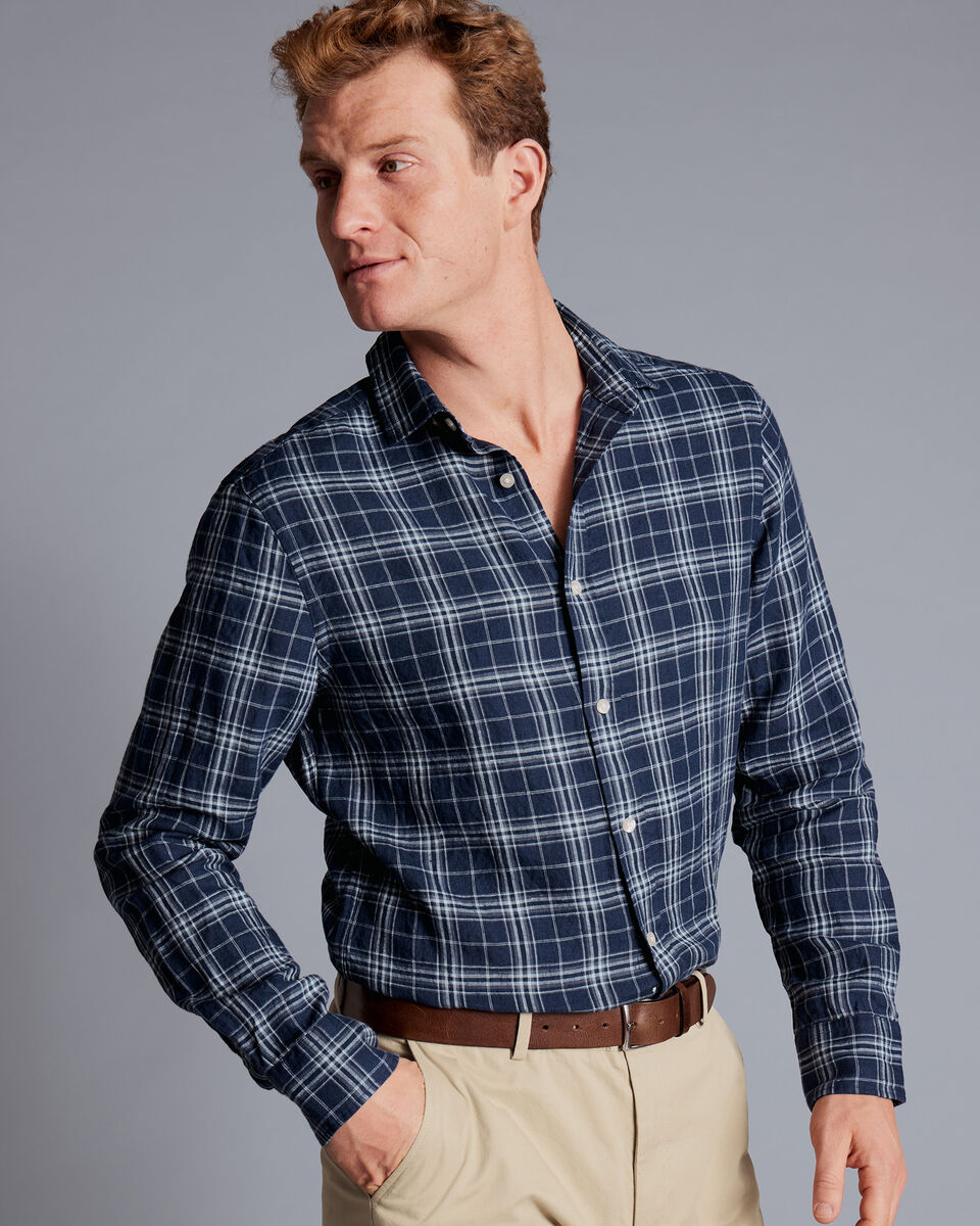 Pure Linen Check Shirt - French Blue | Charles Tyrwhitt