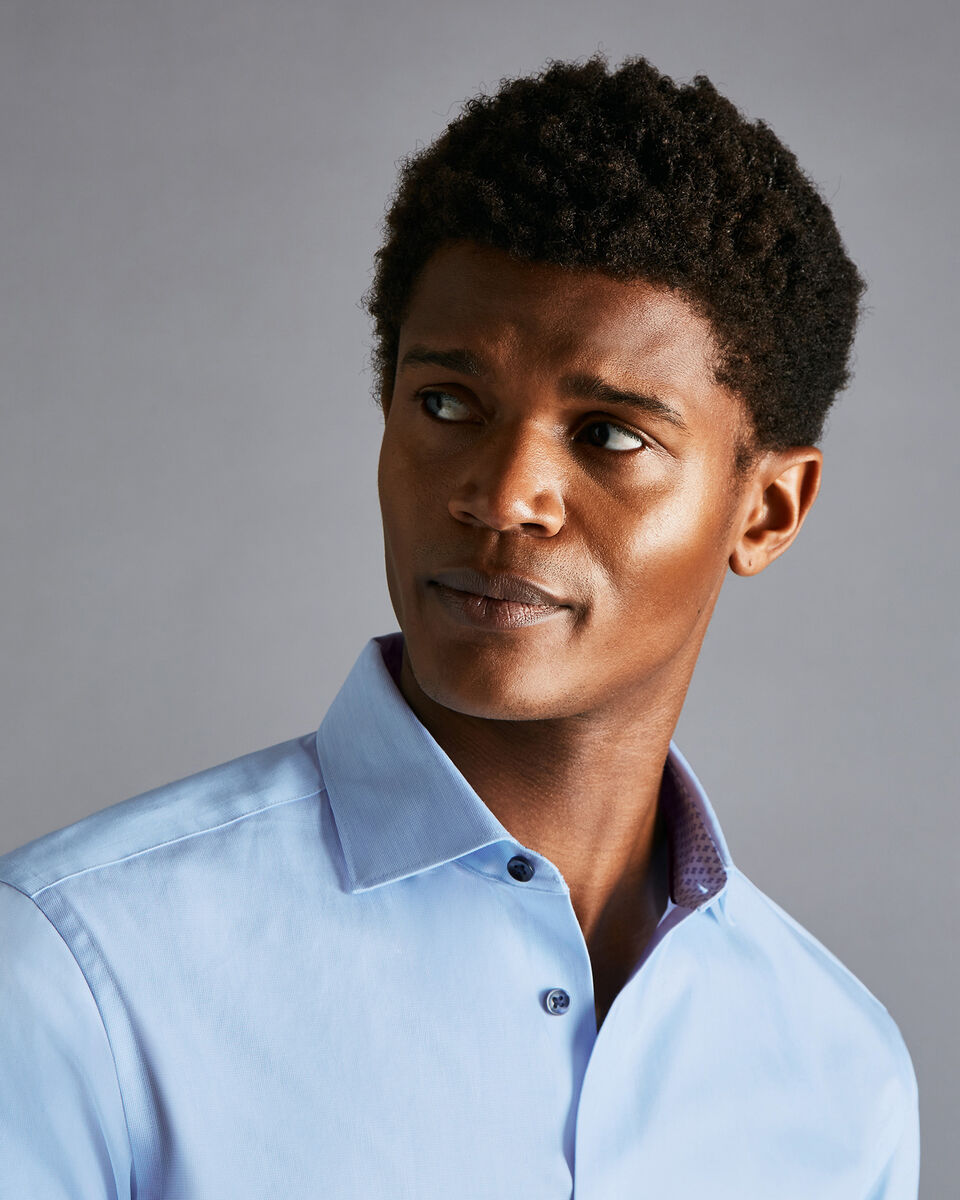 Semi-Cutaway Collar Twill Printed Trim Shirt - Sky Blue | Charles Tyrwhitt