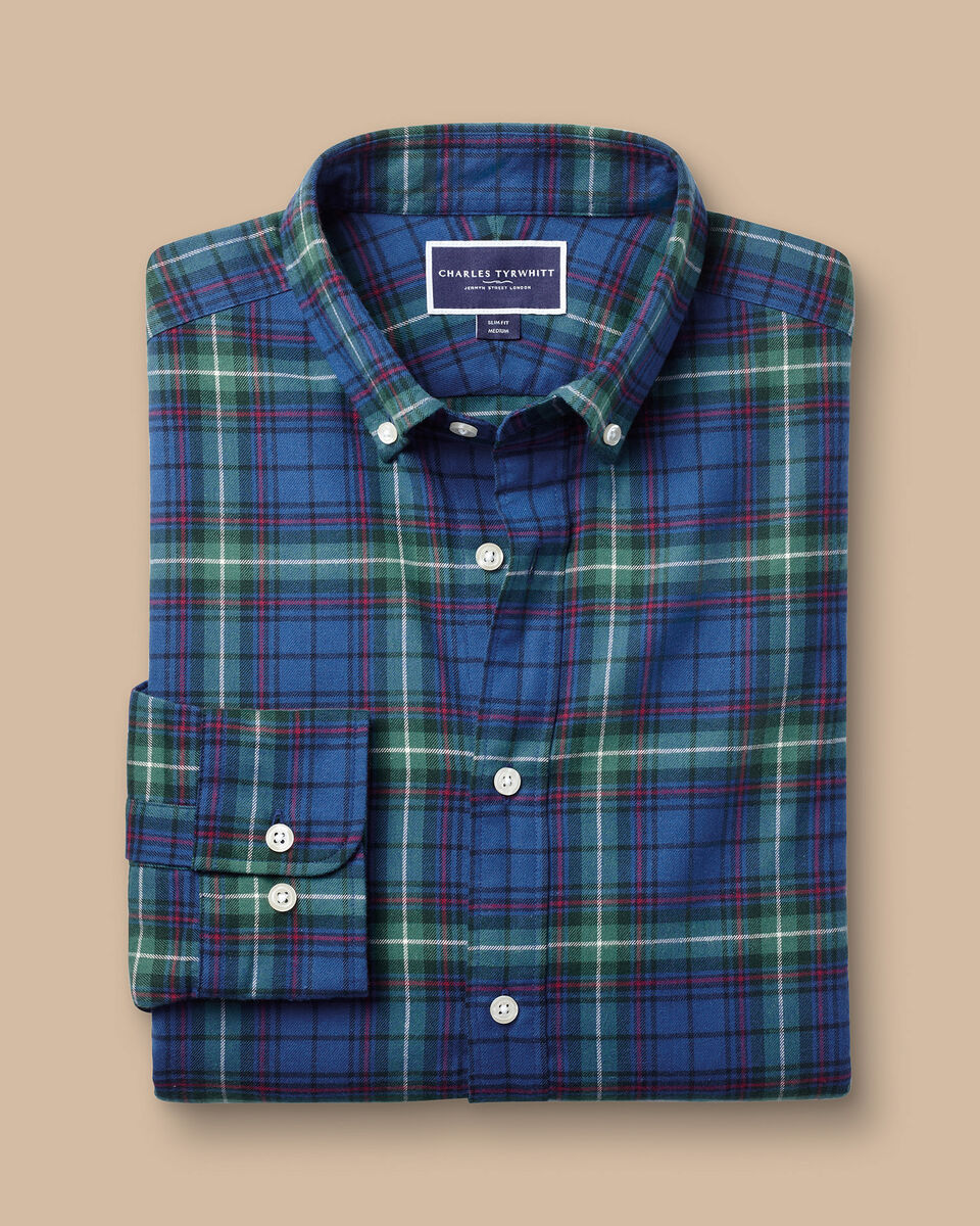Brushed Flannel Multi Check Shirt - Green | Charles Tyrwhitt