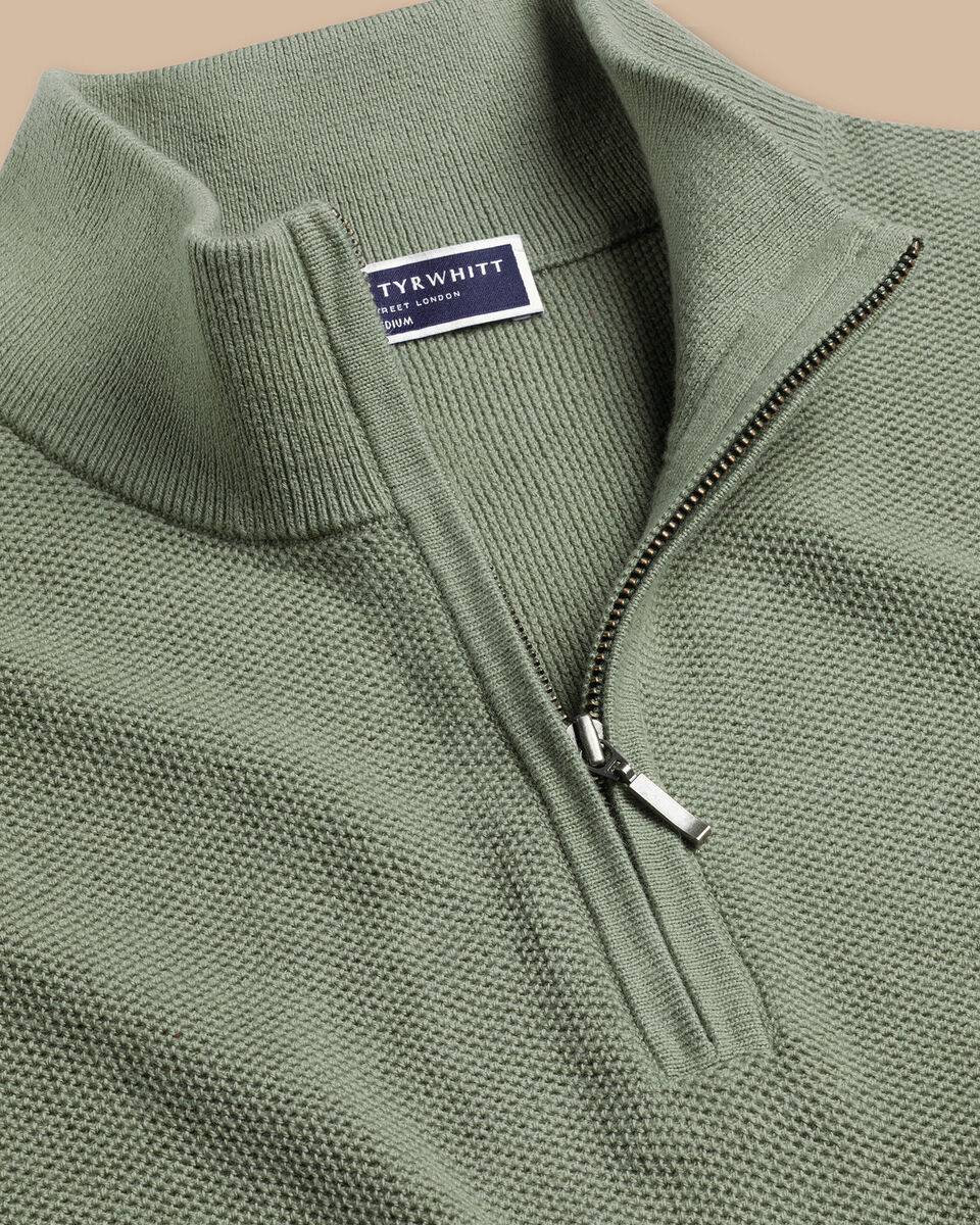 Honeycomb Cotton Half Zip Jumper - Sage Green | Charles Tyrwhitt