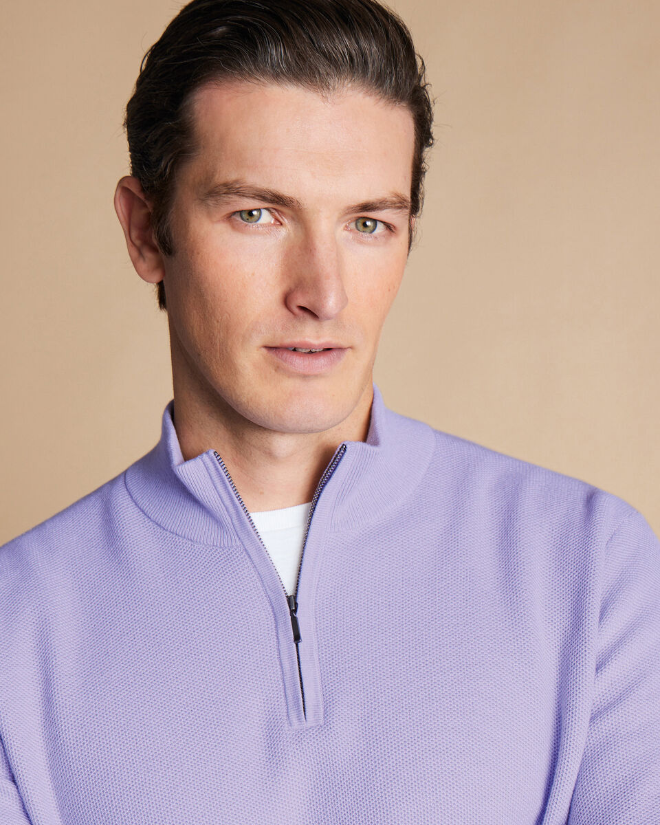 Honeycomb Cotton Quarter Zip Sweater - Lilac Purple | Charles Tyrwhitt