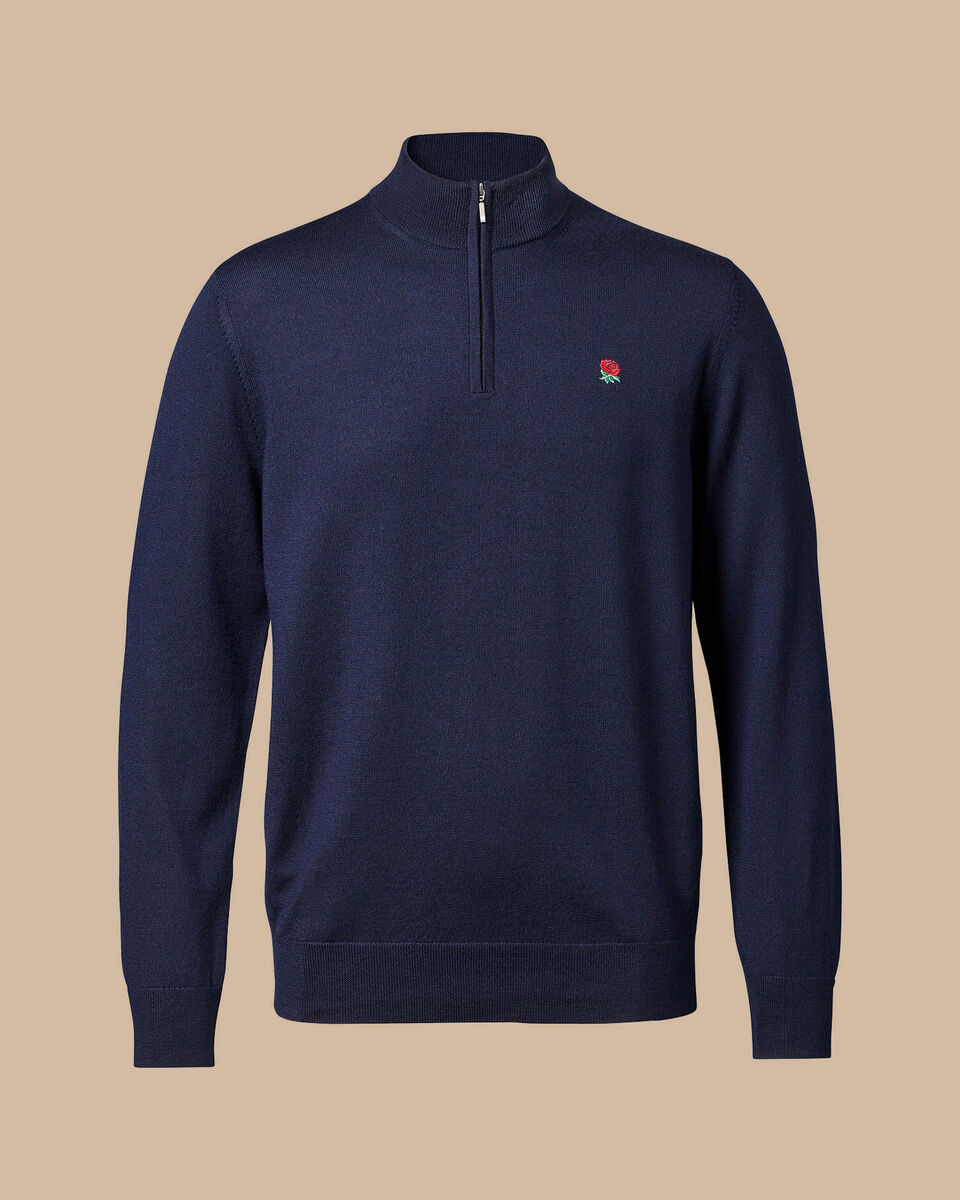 England Rugby Red Rose Merino Zip Neck Jumper - Navy | Charles Tyrwhitt