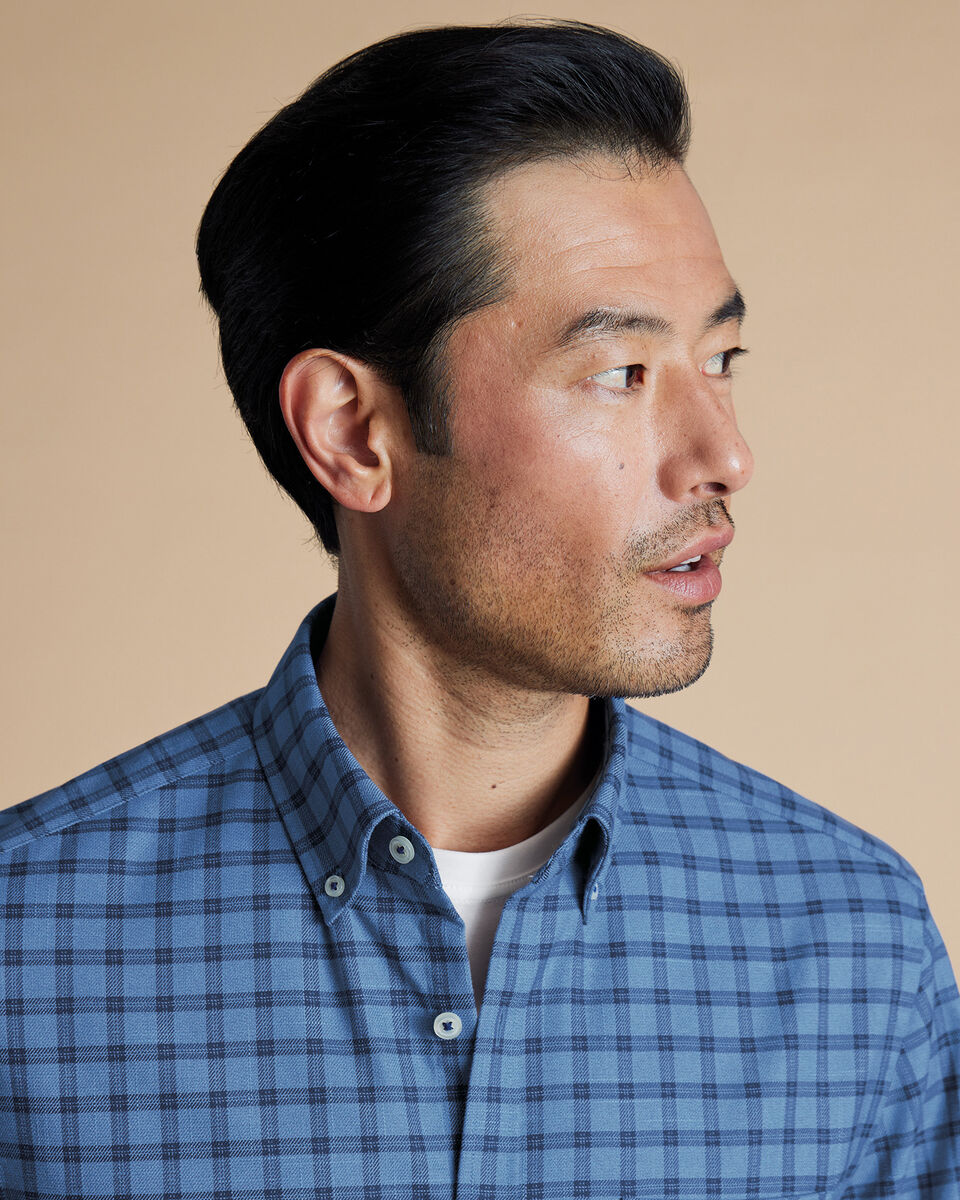 Knoopjeskraag met Keperstof ruit en strijkvrije Controle - Oceaanblauw ...