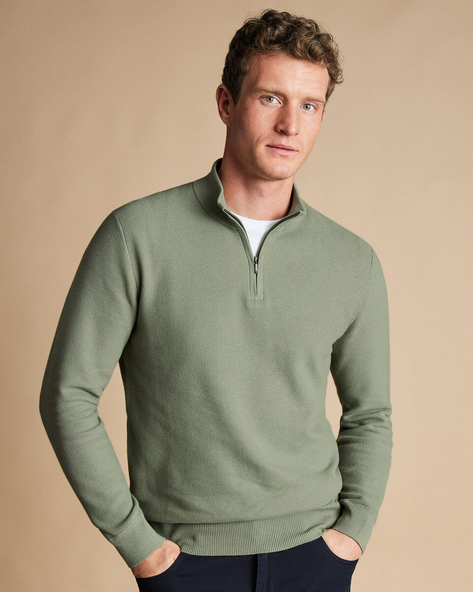 Honeycomb Cotton Zip Neck Jumper - Sage Green | Charles Tyrwhitt