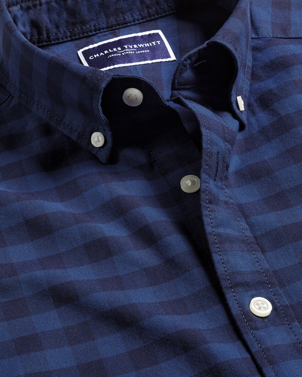 Chemise Oxford délavée à carreaux vichy et col boutonné - Bleu encre ...