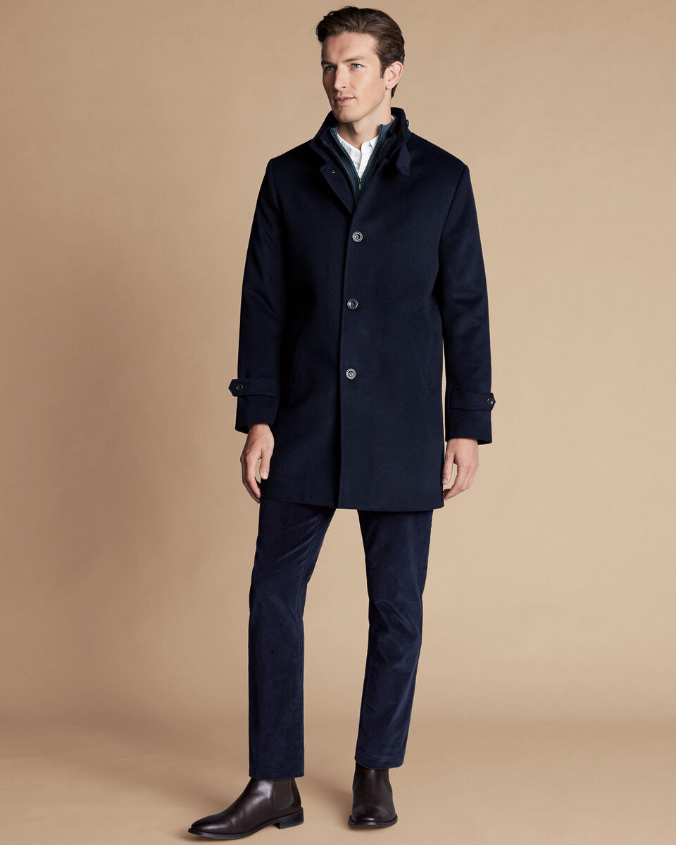 Wool Funnel Neck Overcoat - Navy | Charles Tyrwhitt