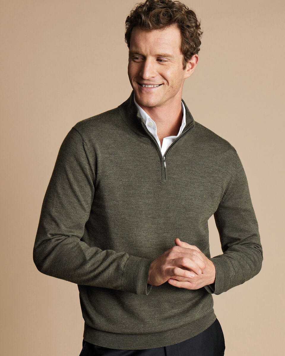 Merino Zip Neck Sweater - Olive Green Melange | Charles Tyrwhitt